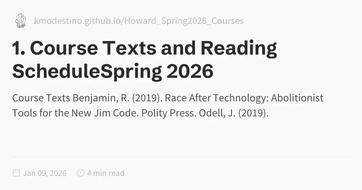 1. Course Texts and Reading ScheduleSpring 2026